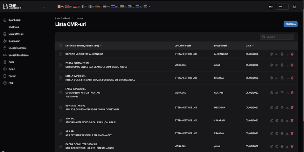 Soft document CMR - Funcționalități Gestionare Documente CMR